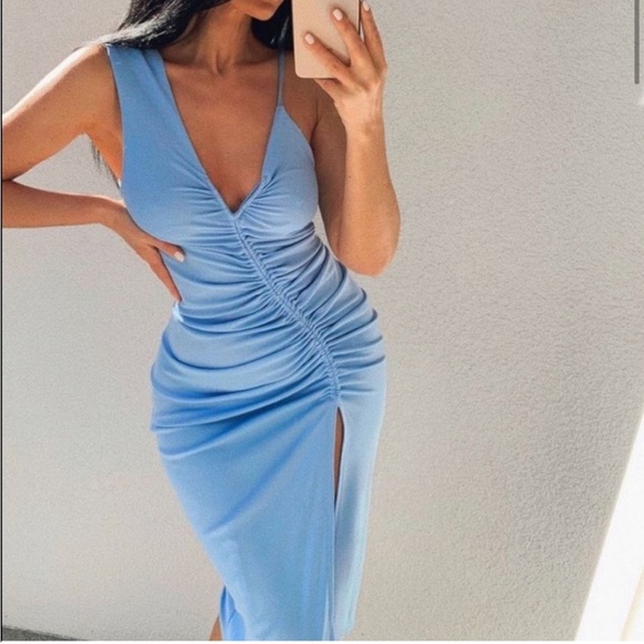 Zara | Dresses | Zara Blue Bodycon Midi Dress Plunge Neckline Cocktail ...